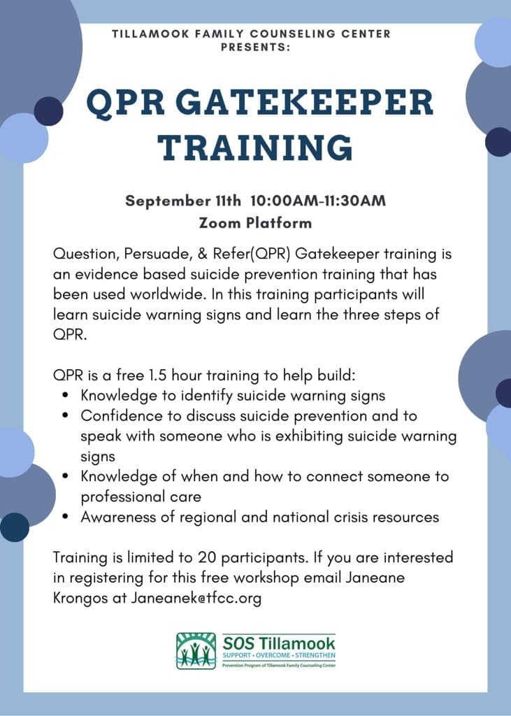 September 11th QPR Gatekeeper Training - Tillamook Family Counseling Center